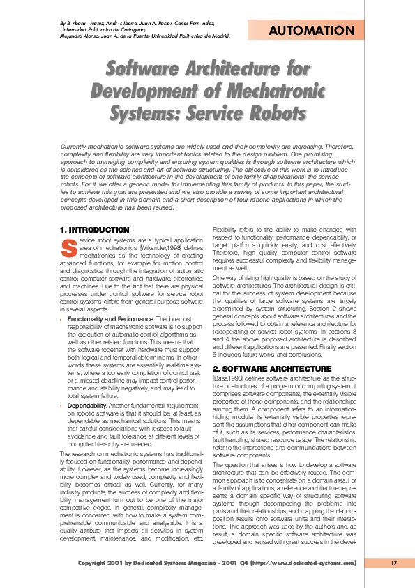 (PDF) Software architecture for development of mechatronic systems: Service robots