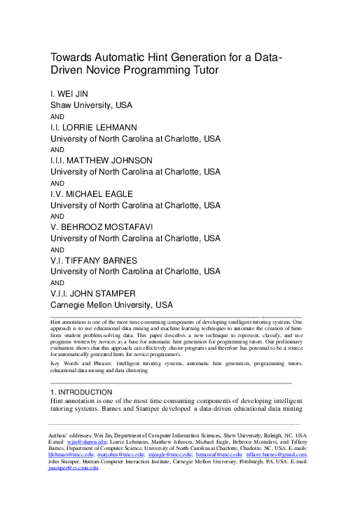 (PDF) Towards Automatic Hint Generation for a Data-Driven Novice Programming Tutor