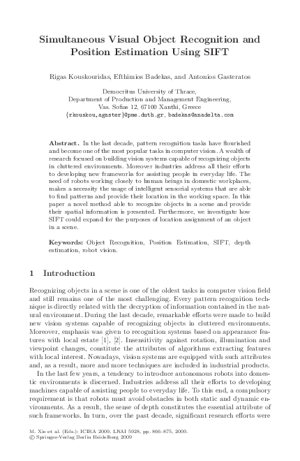 Pdf Simultaneous Visual Object Recognition And Position Estimation Using Sift