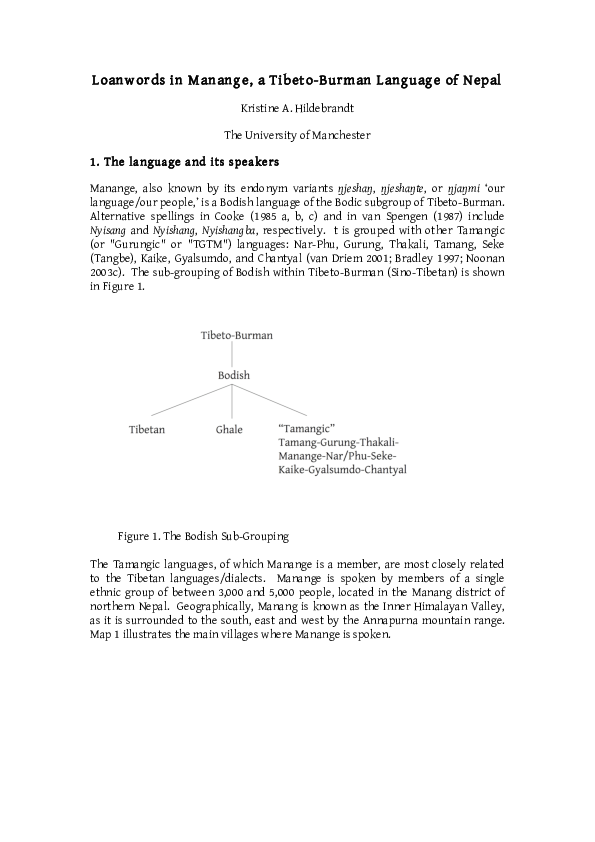 (PDF) Loanwords in Manange, a Tibeto-Burman Language of Nepal
