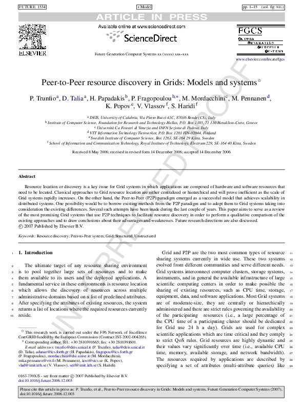 (PDF) Peer-to-Peer resource discovery in Grids: Models and systems