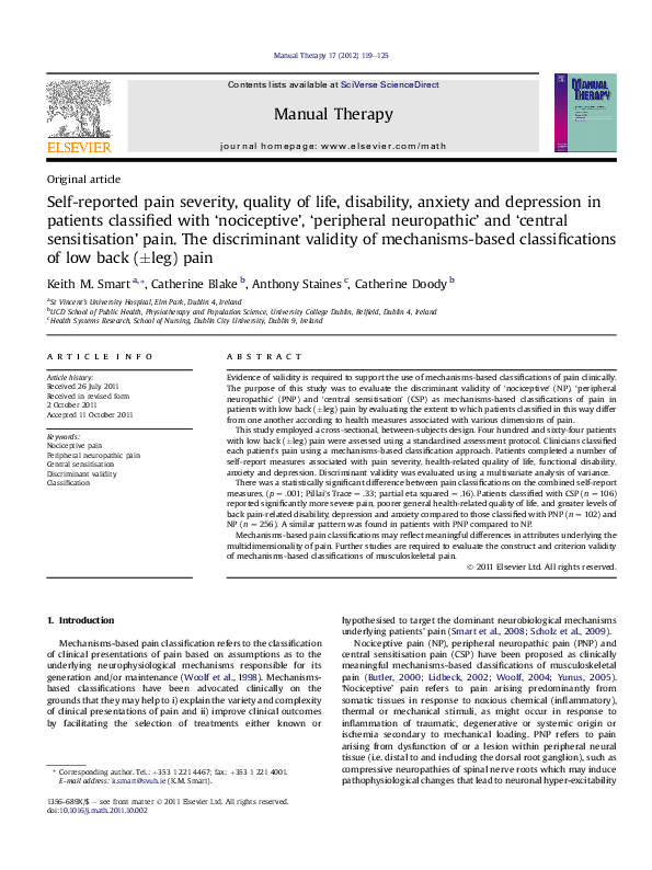 (PDF) Self-reported pain severity, quality of life, disability, anxiety ...