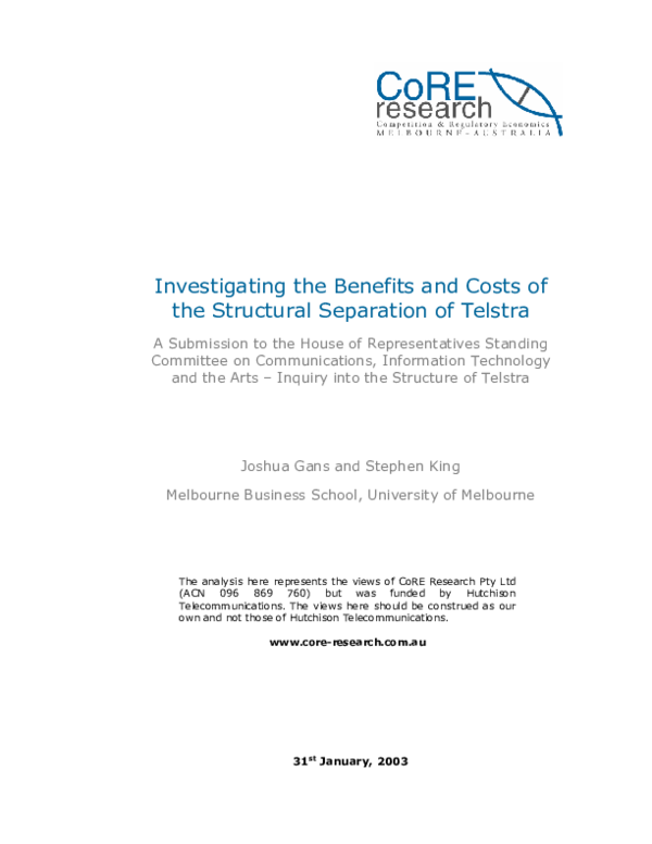 (PDF) Investigating the benefits and costs of the structural separation of Telstra