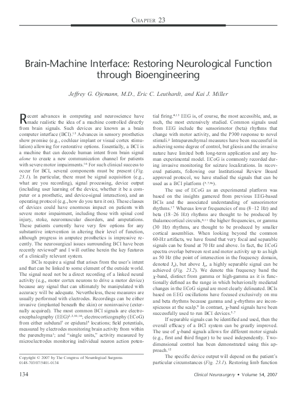 Pdf Brain Machine Interface Restoring Neurological Function Through Bioengineering