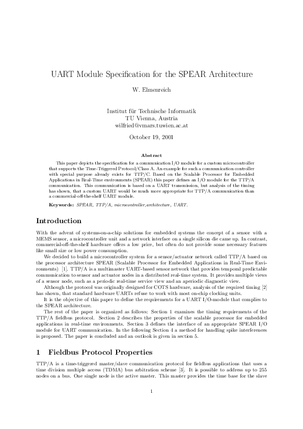 (PDF) UART Module Specification for the SPEAR Architecture