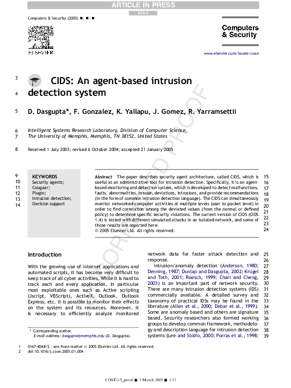 Pdf Cids An Agent Based Intrusion Detection System