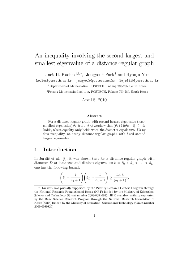 (PDF) An inequality involving the second largest and smallest eigenvalue of a distance-regular graph
