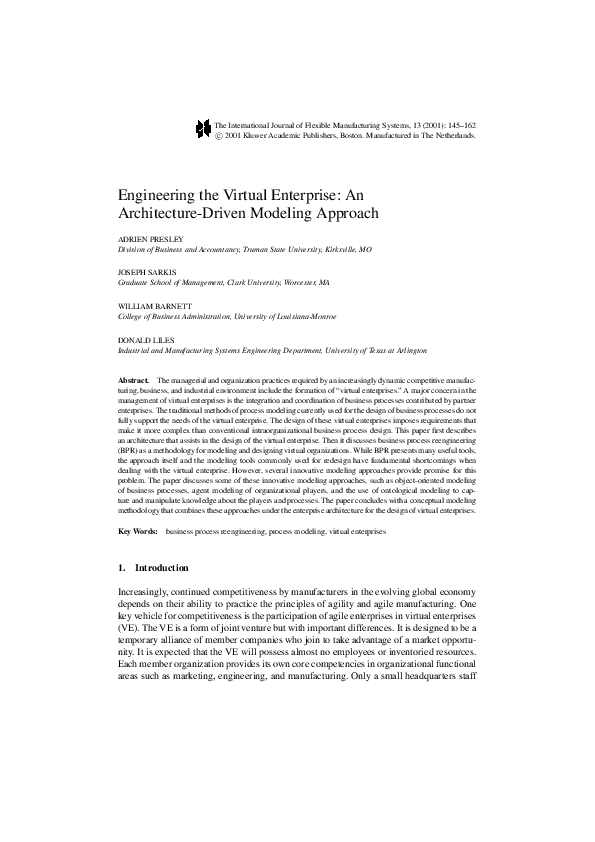 Pdf Engineering The Virtual Enterprise An Architecture Driven Modeling Approach