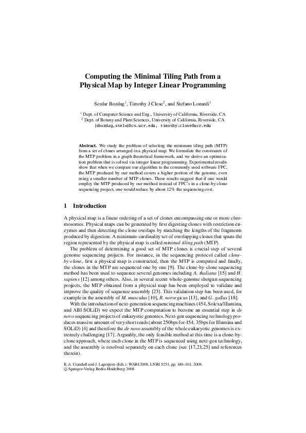 Pdf Computing The Minimal Tiling Path From A Physical Map By Integer Linear Programming 9337