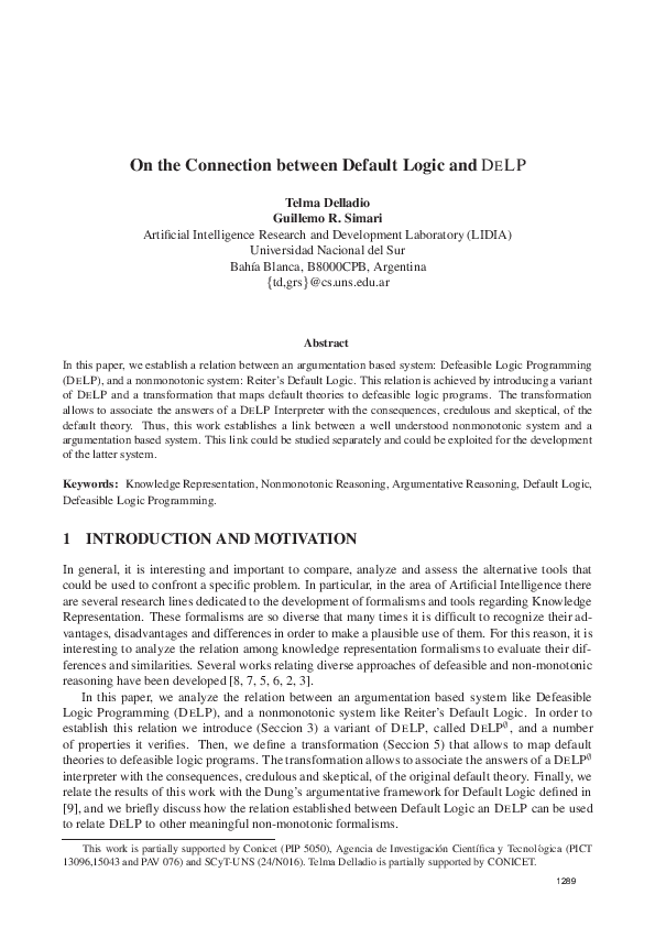 (PDF) On the connection between default logic and DELP