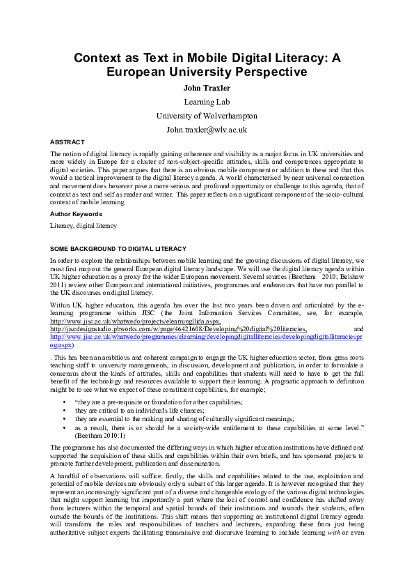 (PDF) Context as Text in Mobile Digital Literacy: A European University ...