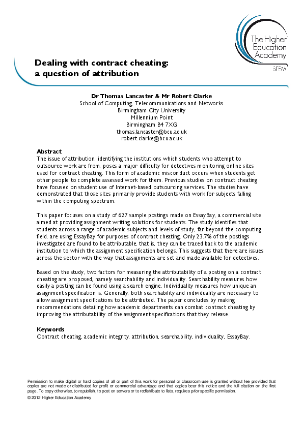 (PDF) Dealing With Contract Cheating: A Question Of Attribution