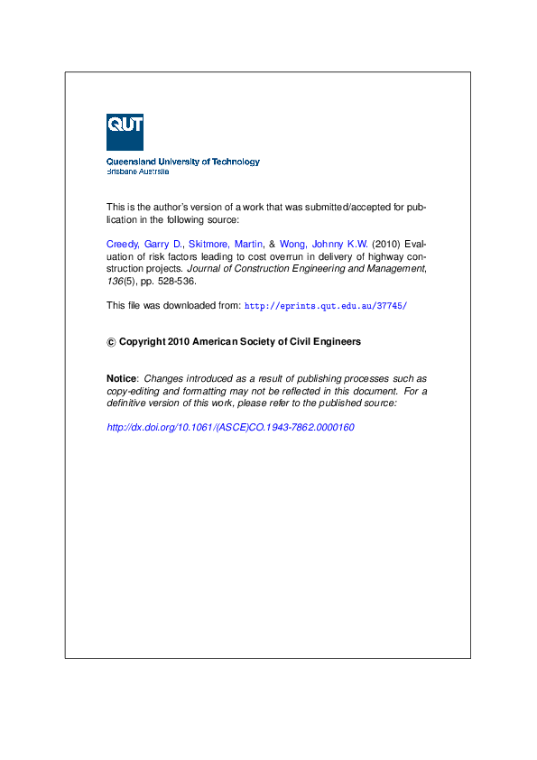 Pdf Evaluation Of Risk Factors Leading To Cost Overrun In Delivery Of Highway Construction