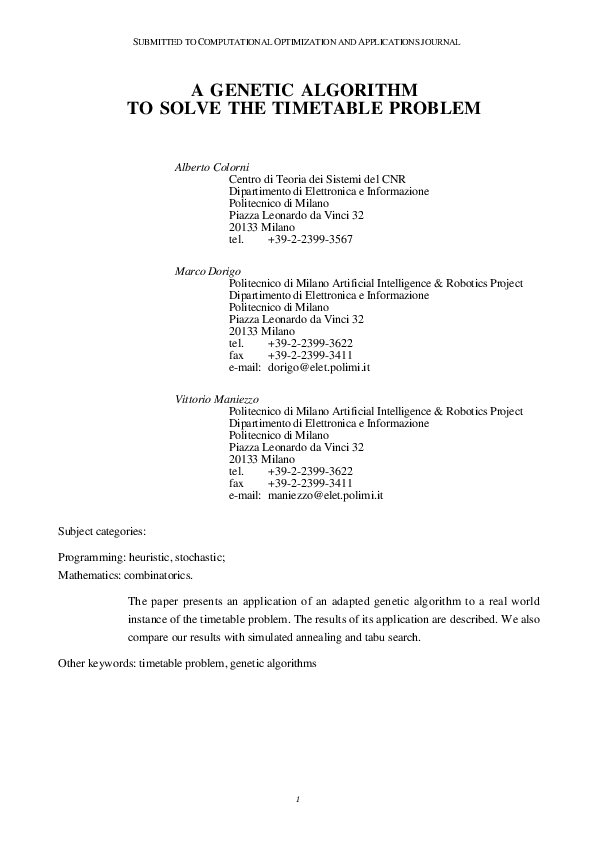 (PDF) A genetic algorithm to solve the timetable problem (PDF) A genetic algorithm to solve the timetable problem