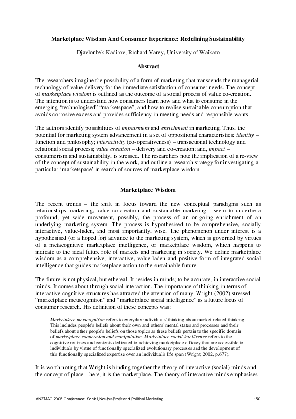 (PDF) Marketplace wisdom and consumer experience: Redefining sustainability