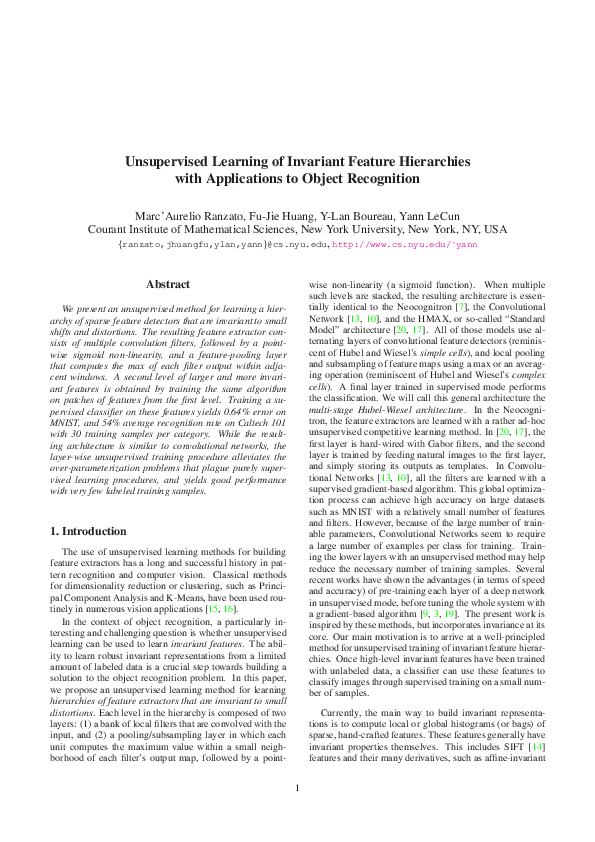 Pdf Unsupervised Learning Of Invariant Feature Hierarchies With Applications To Object