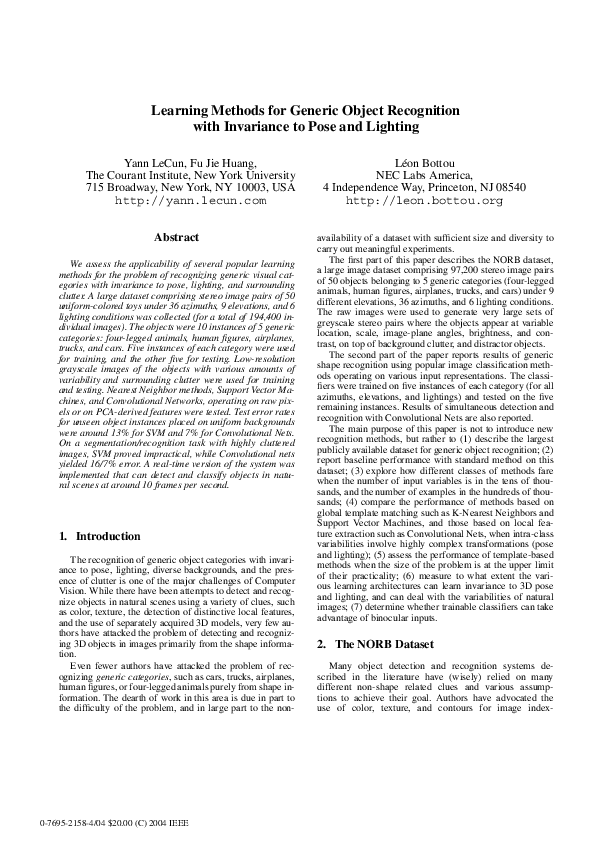 (PDF) Learning methods for generic object recognition with invariance to pose and lighting