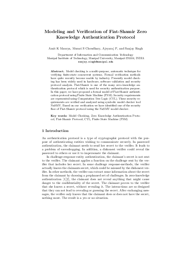 (PDF) Modeling and Verification of Fiat-Shamir Zero Knowledge Authentication Protocol