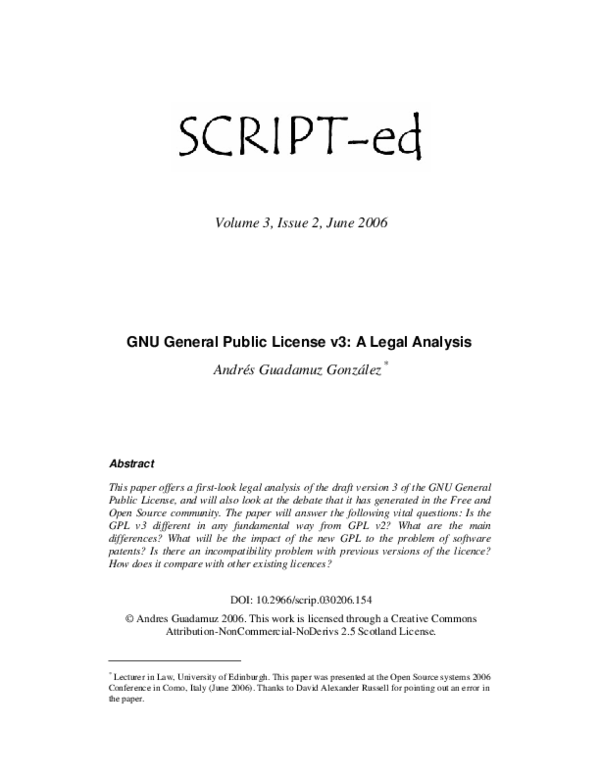 Pdf Gnu General Public License V3 A Legal Analysis Andres Guadamuz 