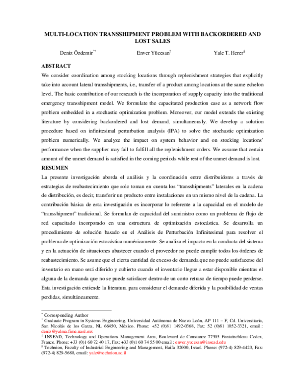 Pdf Multi Location Transshipment Problem With Backordered And Lost Sales Deniz Ozdemir And