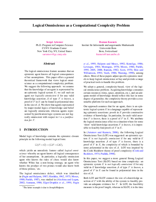 (PDF) Logical omniscience as a computational complexity problem