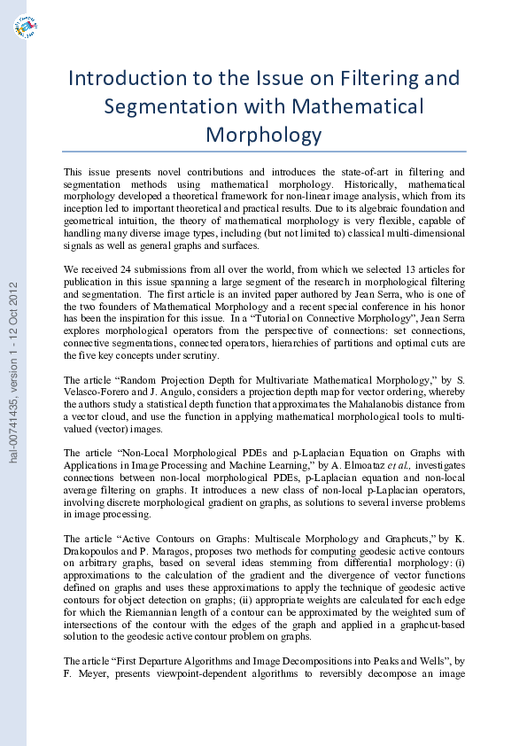 Pdf Introduction To The Issue On Filtering And Segmentation With Mathematical Morphology Dan