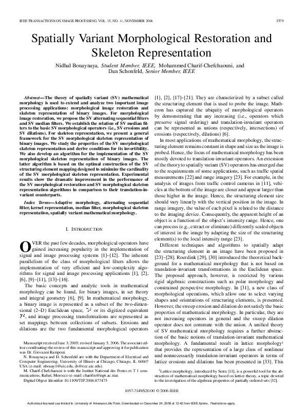 Pdf Spatially Variant Morphological Restoration And Skeleton Representation