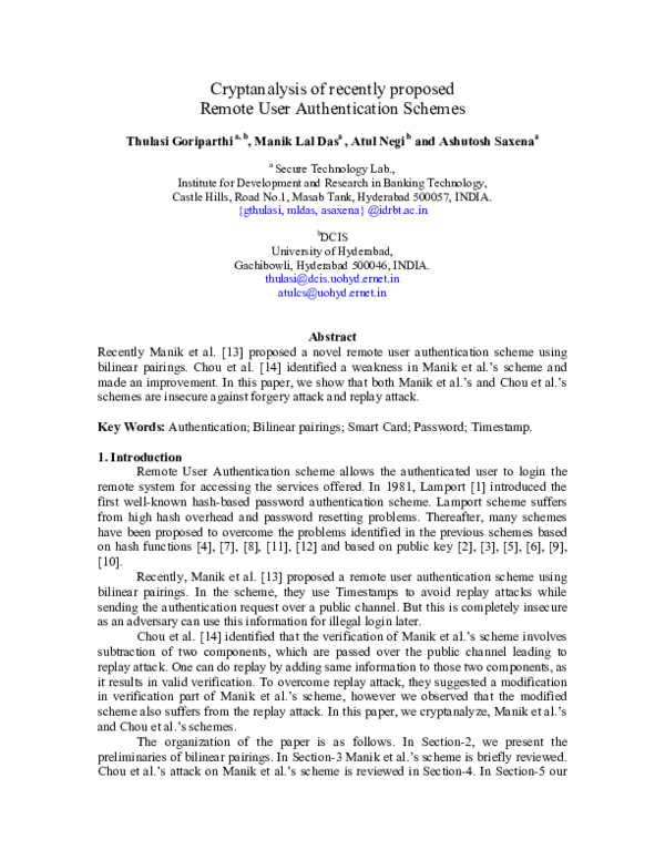 Pdf Cryptanalysis Of Recently Proposed Remote User Authentication Schemes Atul Negi