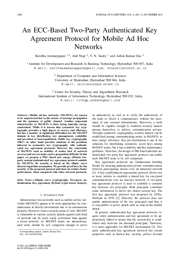 (PDF) An ECC-Based Two-Party Authenticated Key Agreement Protocol for Mobile Ad Hoc Networks