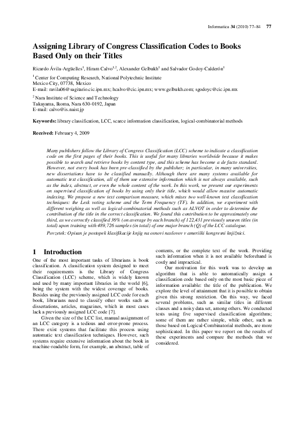 (PDF) Assigning Library of Congress Classification Codes to Books Based ...