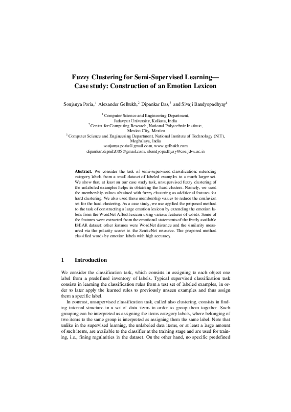 (PDF) Fuzzy clustering for semi-supervised learning—Case study: Construction of an emotion lexicon
