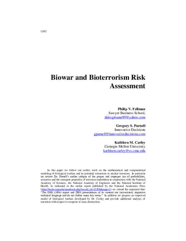 (PDF) Biowar and Bioterrorism Risk Assessment