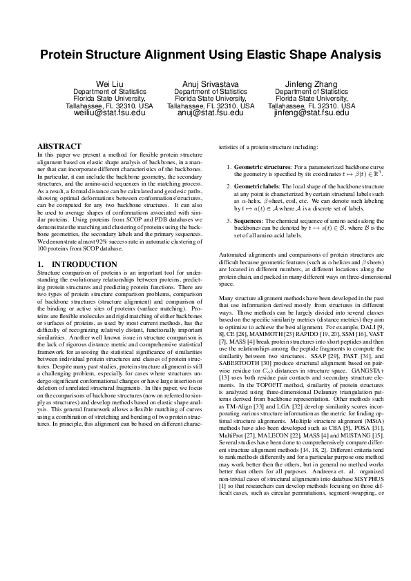 (PDF) Protein structure alignment using elastic shape analysis