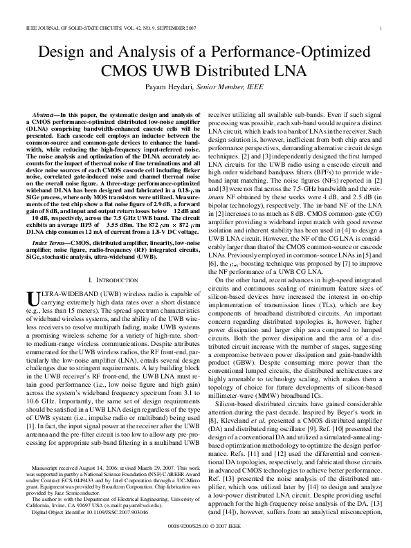 (PDF) Design and analysis of a performance-optimized CMOS UWB distributed LNA