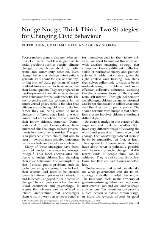 (PDF) Nudge nudge, think think: two strategies for changing civic behaviour
