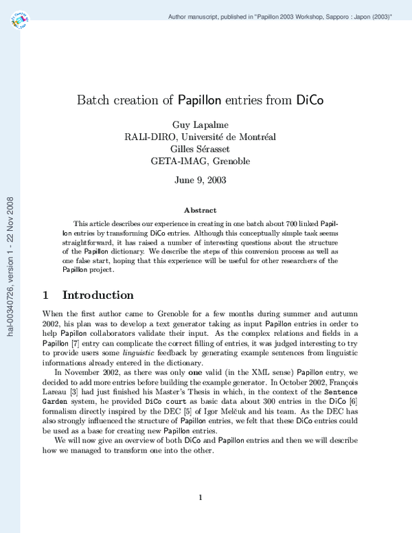 (PDF) Batch creation of Papillon entries from DiCo
