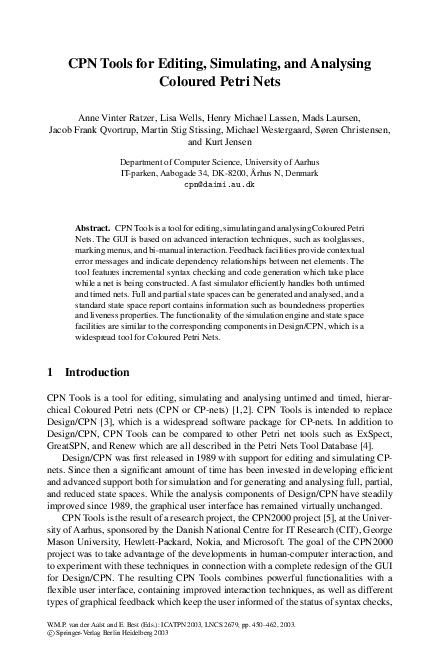 (PDF) CPN tools for editing, simulating, and analysing coloured Petri nets