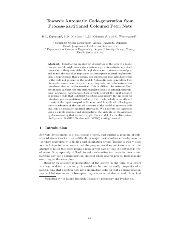 (PDF) Towards Automatic Code-generation from Process-partitioned Coloured Petri Nets