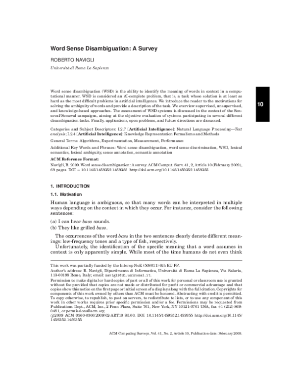 Pdf Word Sense Disambiguation A Survey