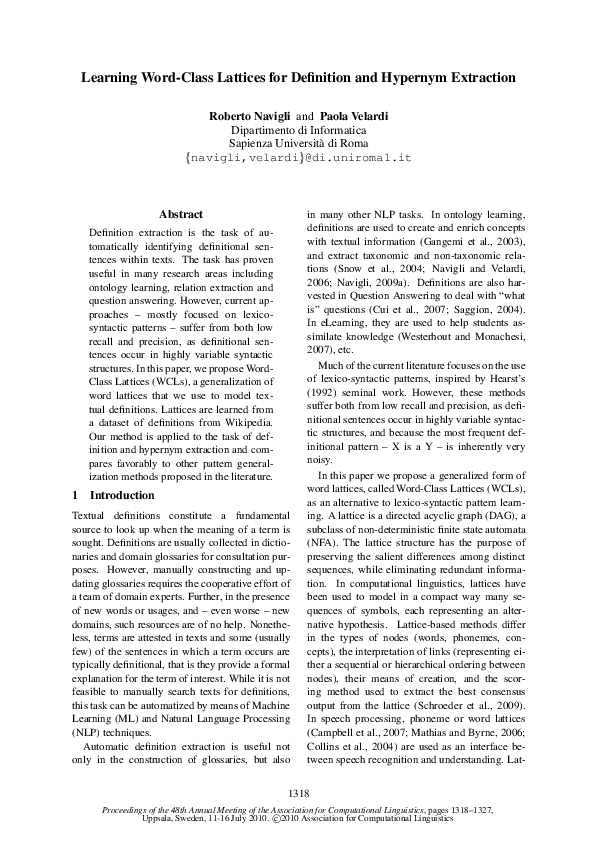 (PDF) Learning word-class lattices for definition and hypernym extraction