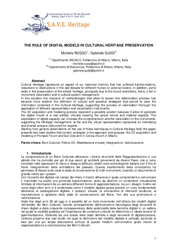 (PDF) THE ROLE OF DIGITAL MODELS IN CULTURAL HERITAGE PRESERVATION