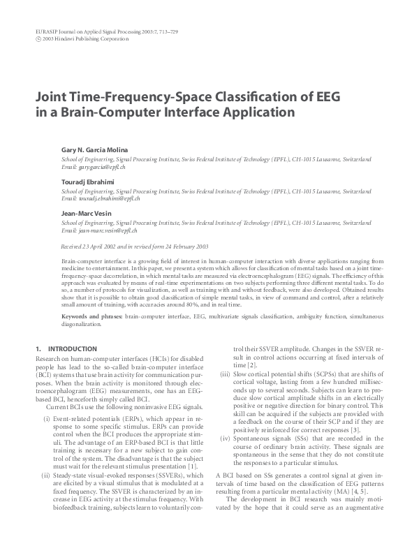 (PDF) Joint time-frequency-space classification of EEG in a brain-computer interface application