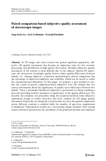 (PDF) Paired comparison-based subjective quality assessment of stereoscopic images
