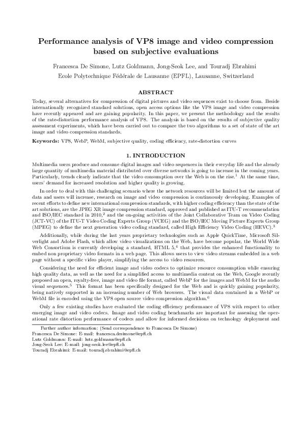 (PDF) Performance analysis of VP8 image and video compression based on subjective evaluations