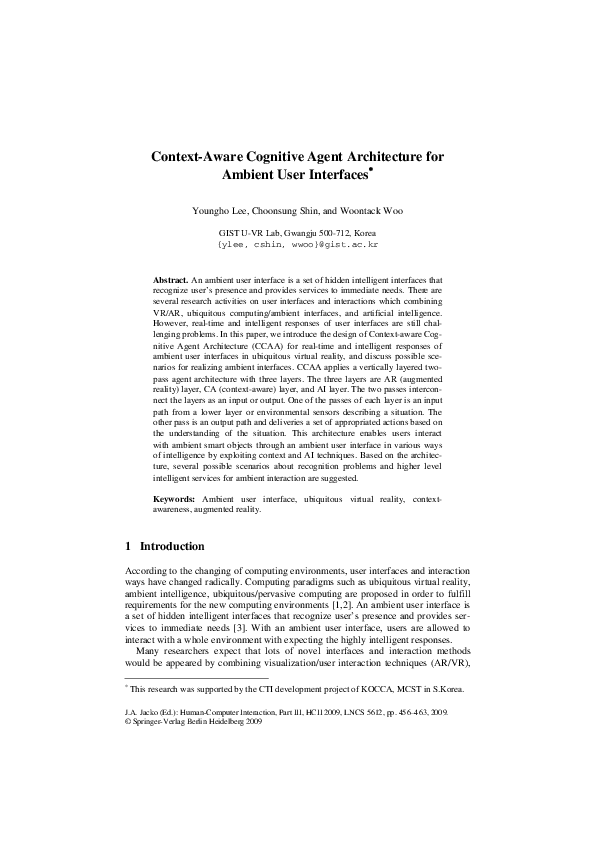(PDF) Context-Aware Cognitive Agent Architecture for Ambient User Interfaces