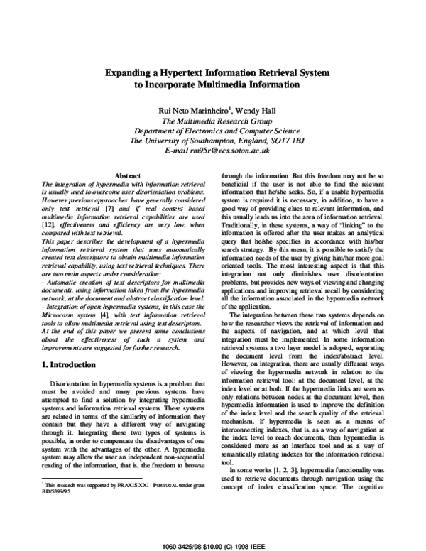 (PDF) Expanding a hypertext information retrieval system to incorporate multimedia information