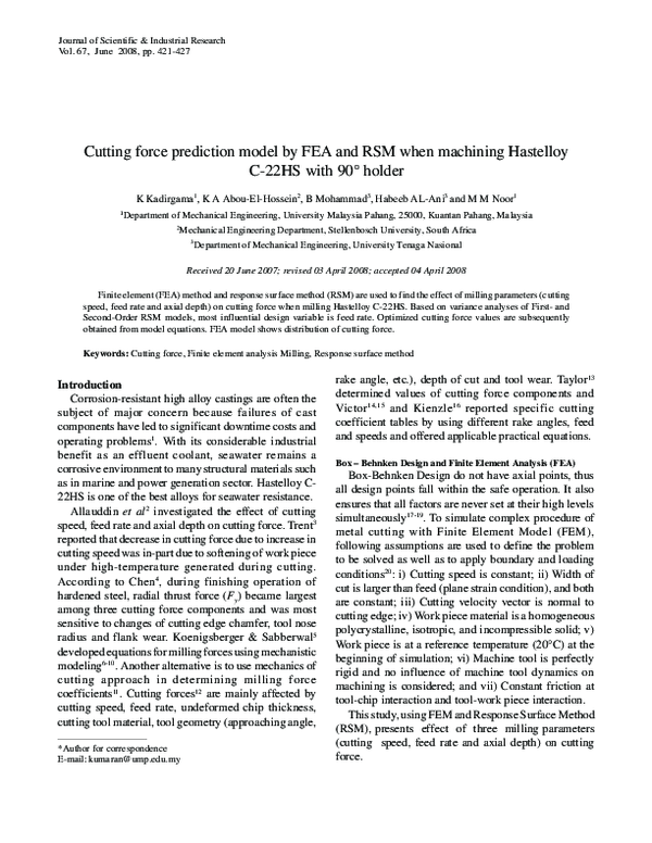 (PDF) Cutting force prediction model by FEA and RSM when machining Hastelloy C-22HS with 90¿ holder