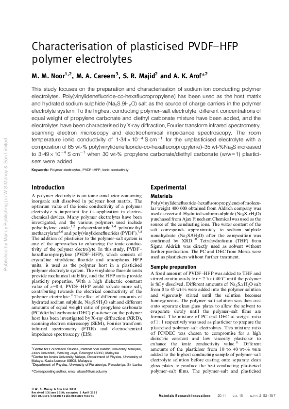 (PDF) Characterisation of plasticised PVDF& 8208; HFP polymer electrolytes