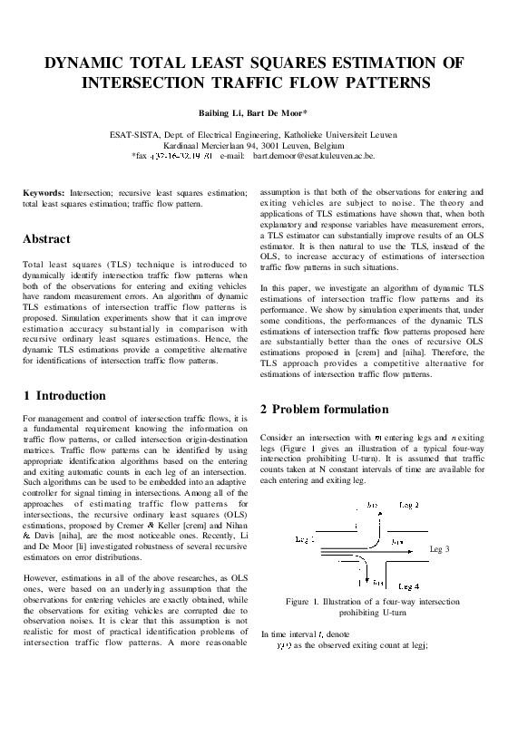 (PDF) DYNAMIC TOTAL LEAST SQUARES ESTIMATION OF INTERSECTION TRAFFIC FLOW PATTERNS