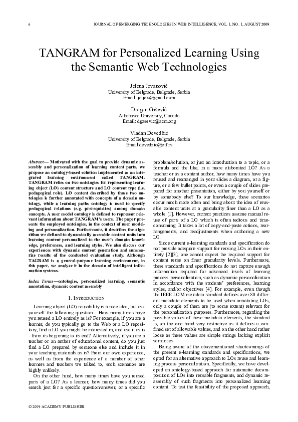 (PDF) TANGRAM for personalized learning using the semantic web technologies